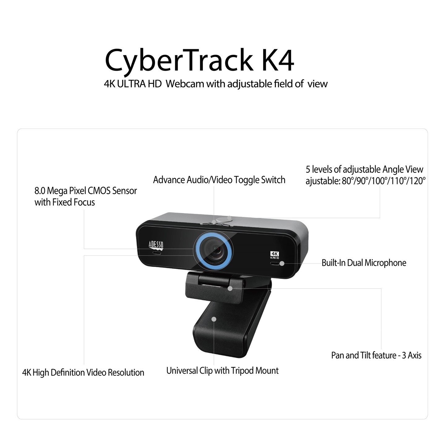 4K ULTRA HD Fixed Focus USB Webcam with Adjustable Field of View Angle ...